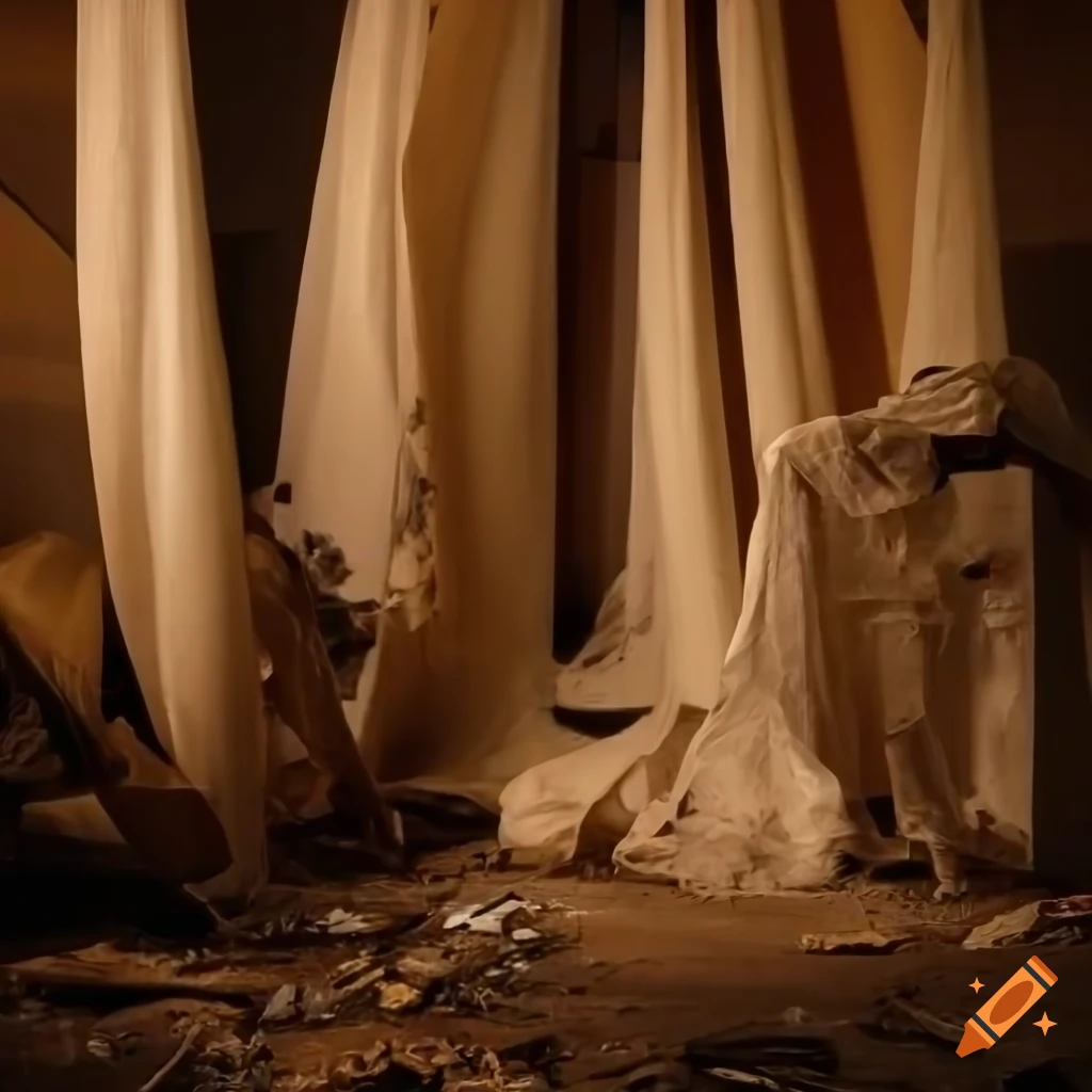 Pile of junk and garbage covered with a drapery in a dramatic landscape ...