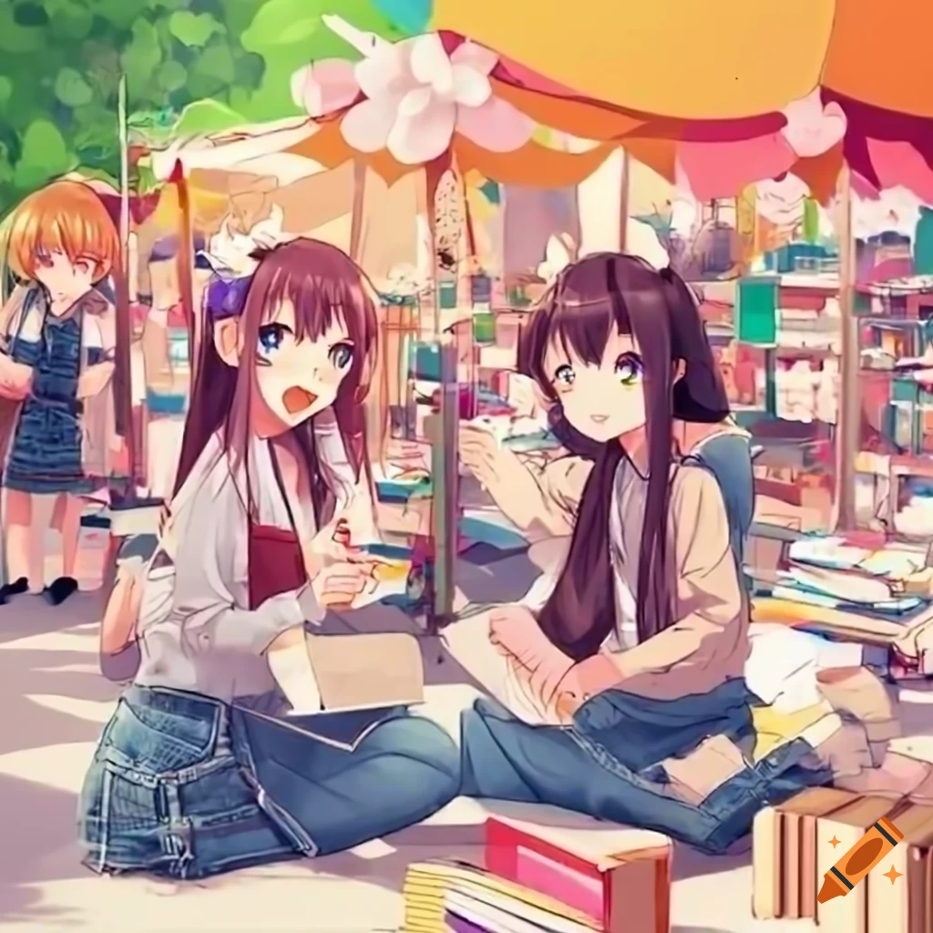 Joyful Anime Girls Exploring Science Books In A Crowded Outdoor Market On Craiyon