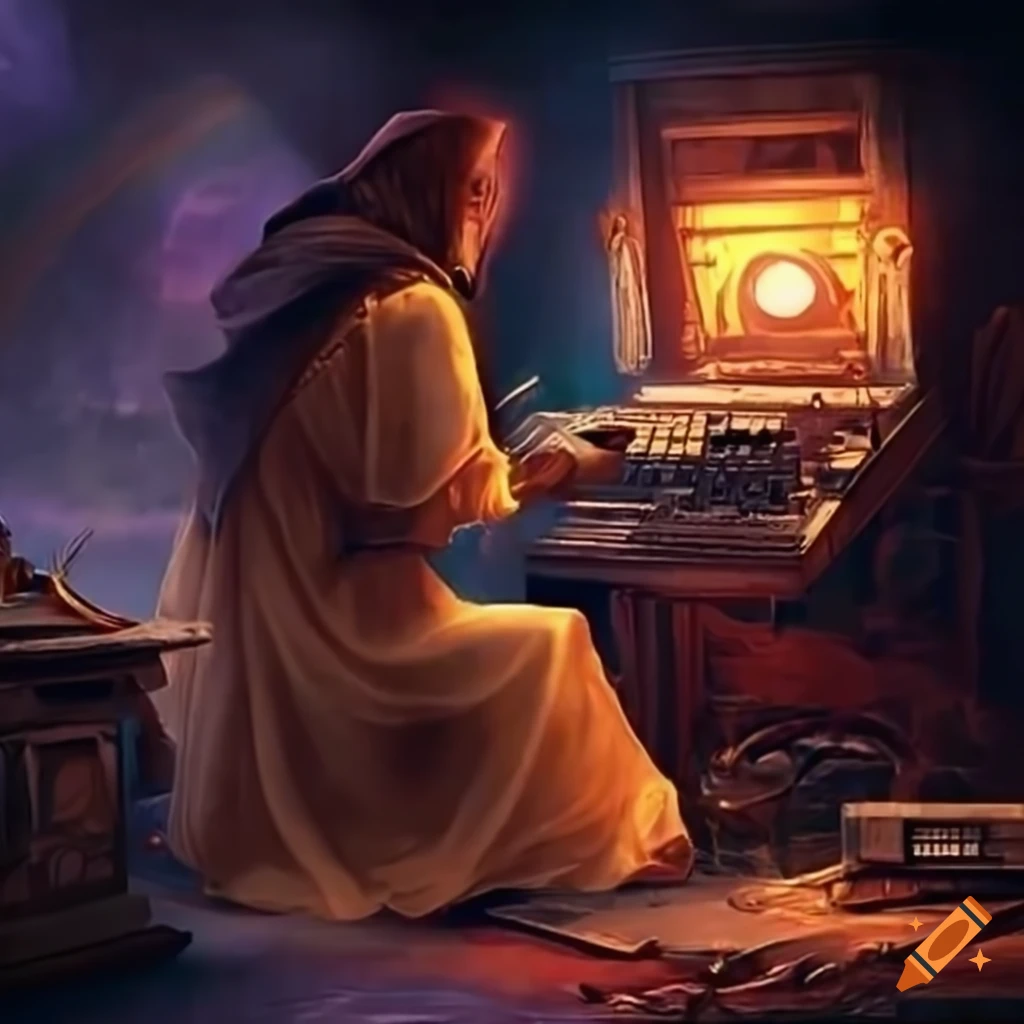 Medieval wizard mixing electronic beats like a dj on Craiyon