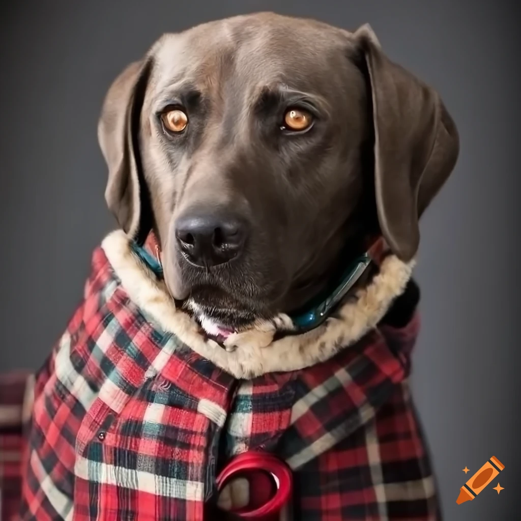 Skinny black labrador dog in red cameron plaid jacket with soft beige ...