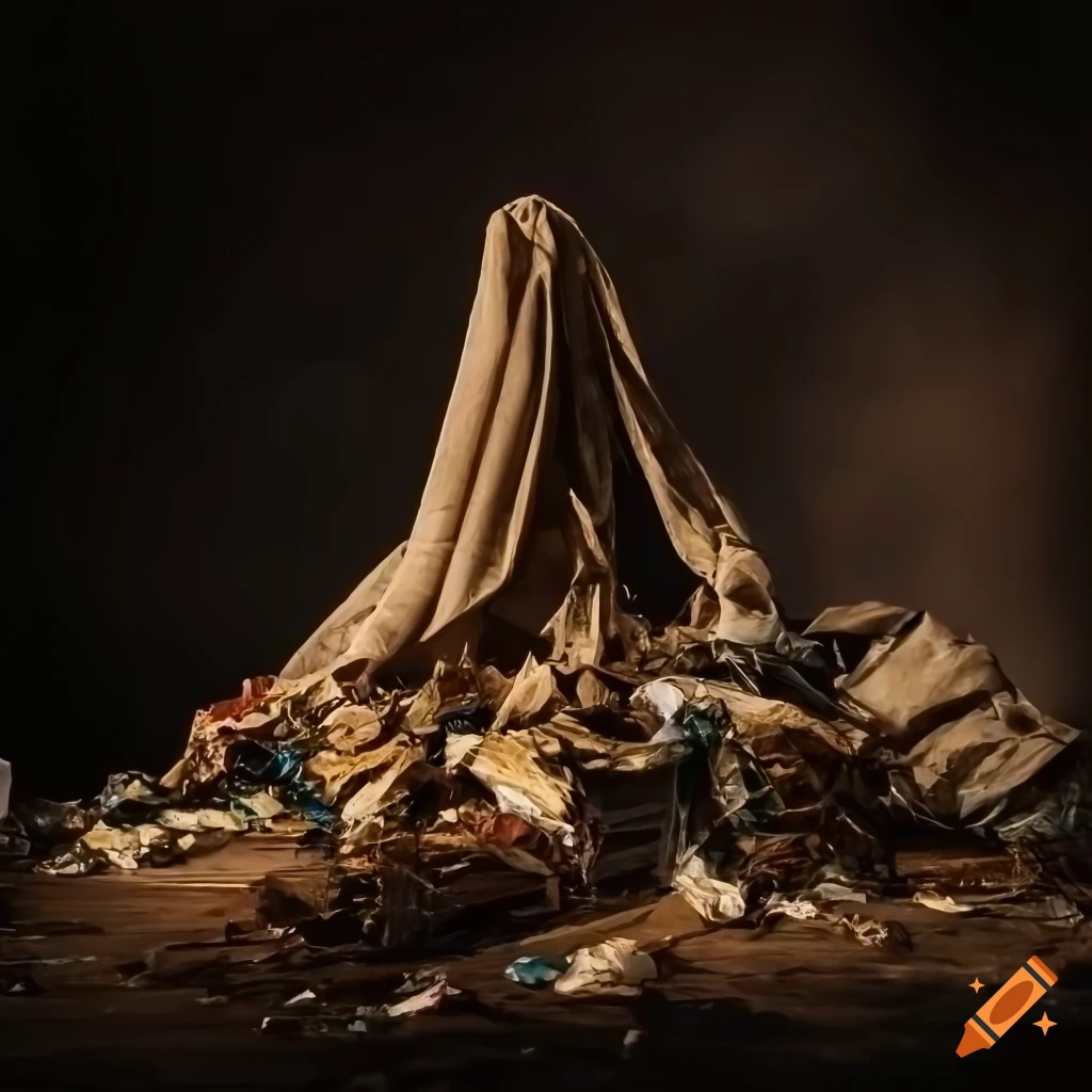 Pile of junk covered with drapery in a dramatic landscape on Craiyon