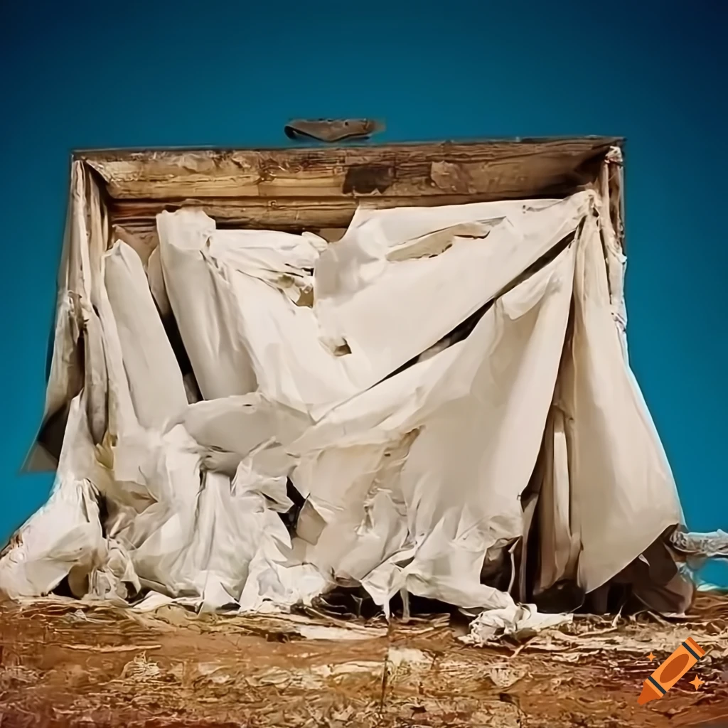 Pile of junk covered with white drapery in a dramatic destroyed ...