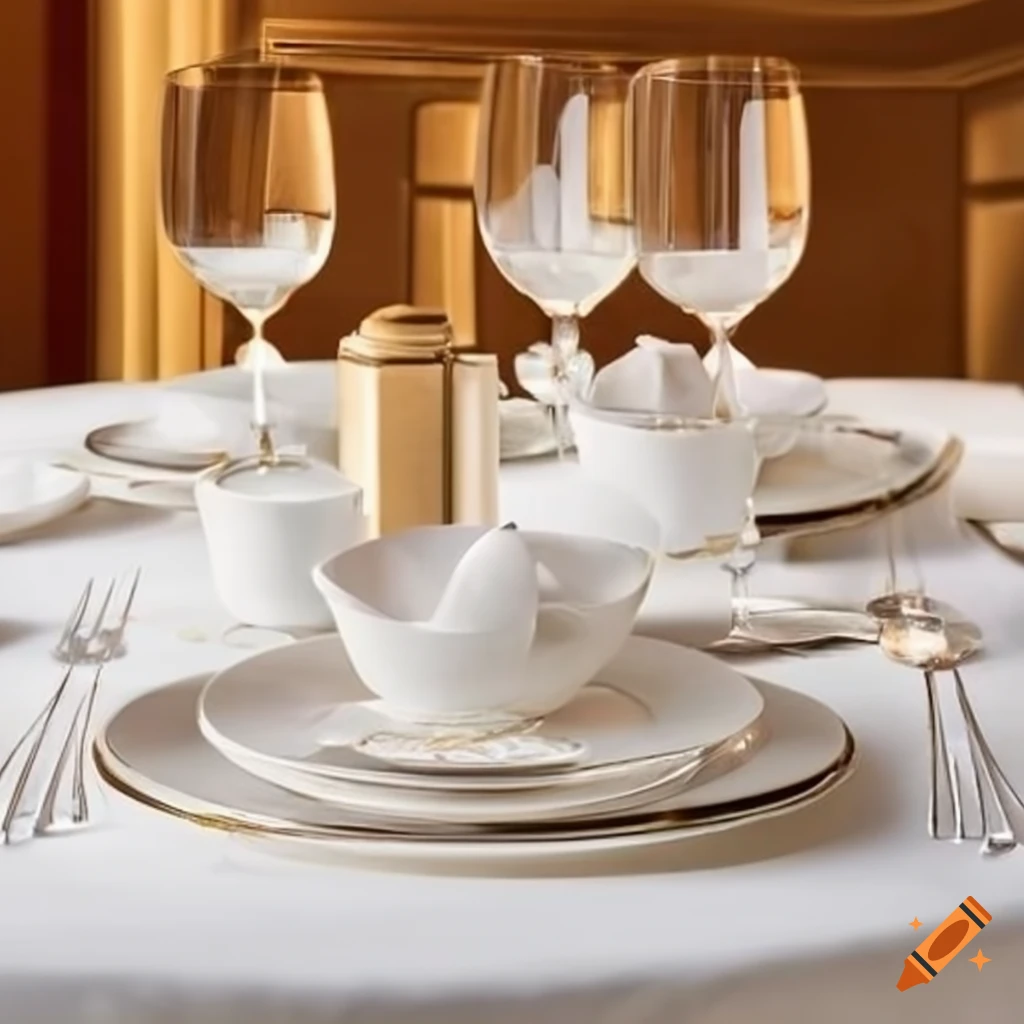 Luxurious dining restaurant table with white linen, fine china, and ...