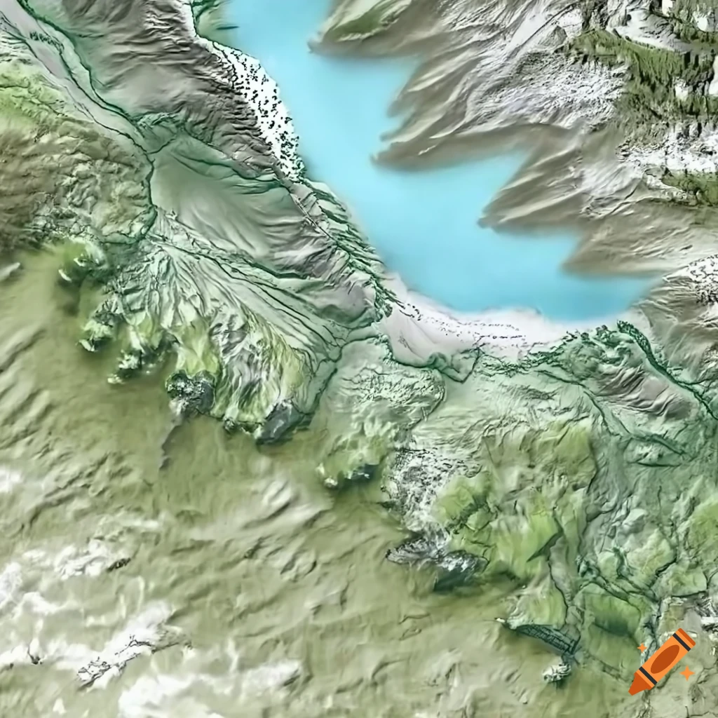 Topographical map of snowy mountain range with crystal-clear rivers on ...