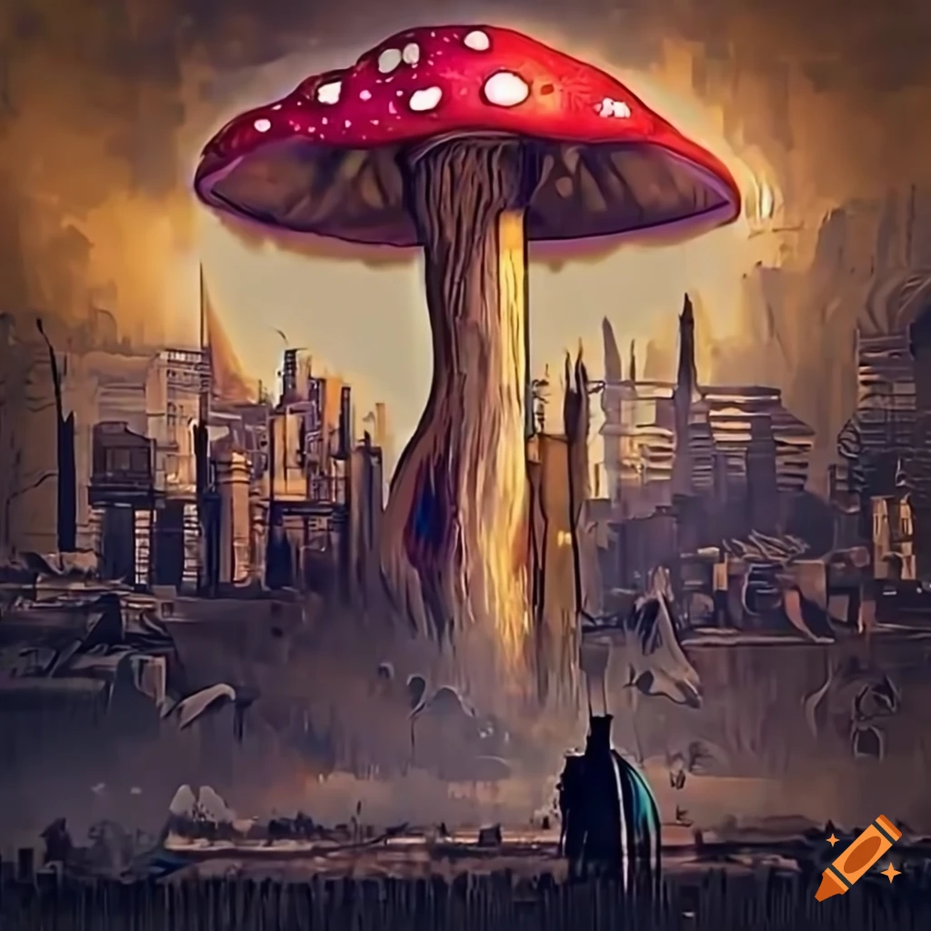 Enchanted giant mushroom in an apocalyptic cityscape with an elk with ...