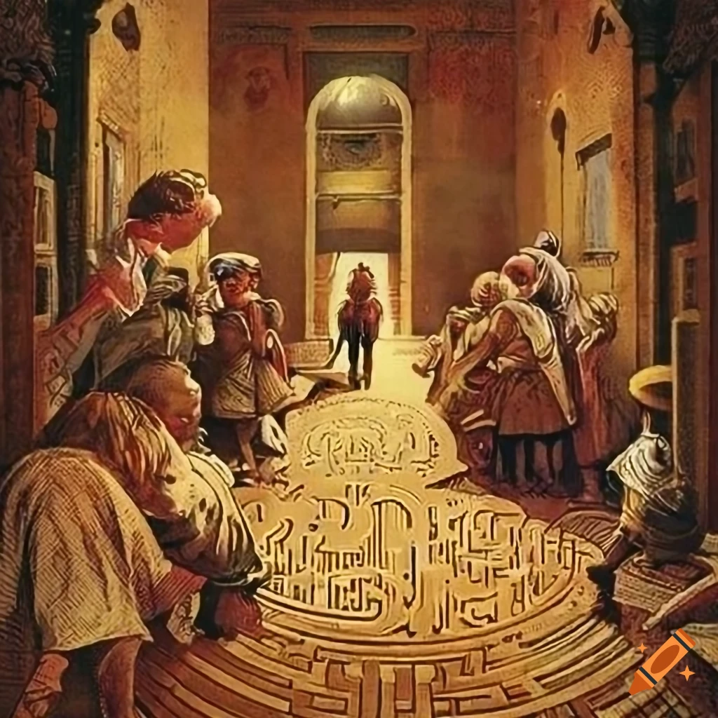 Intricate details of a stochastic labyrinth in a vintage style on Craiyon