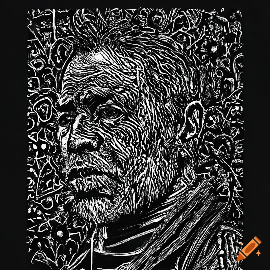 Intricate pen drawing of a man in a detailed noir alley on Craiyon