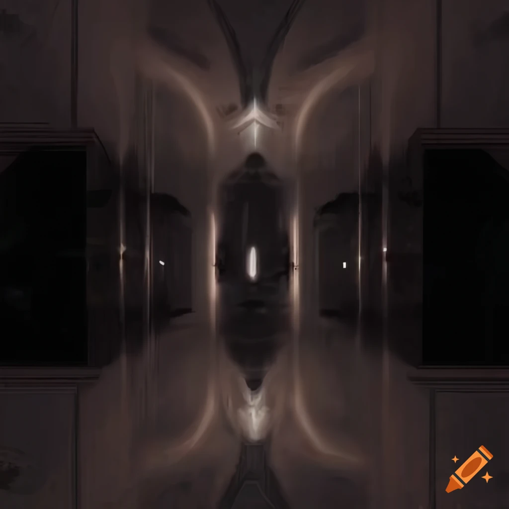 Liminal space with mirror maze and dark figure in reflection on Craiyon