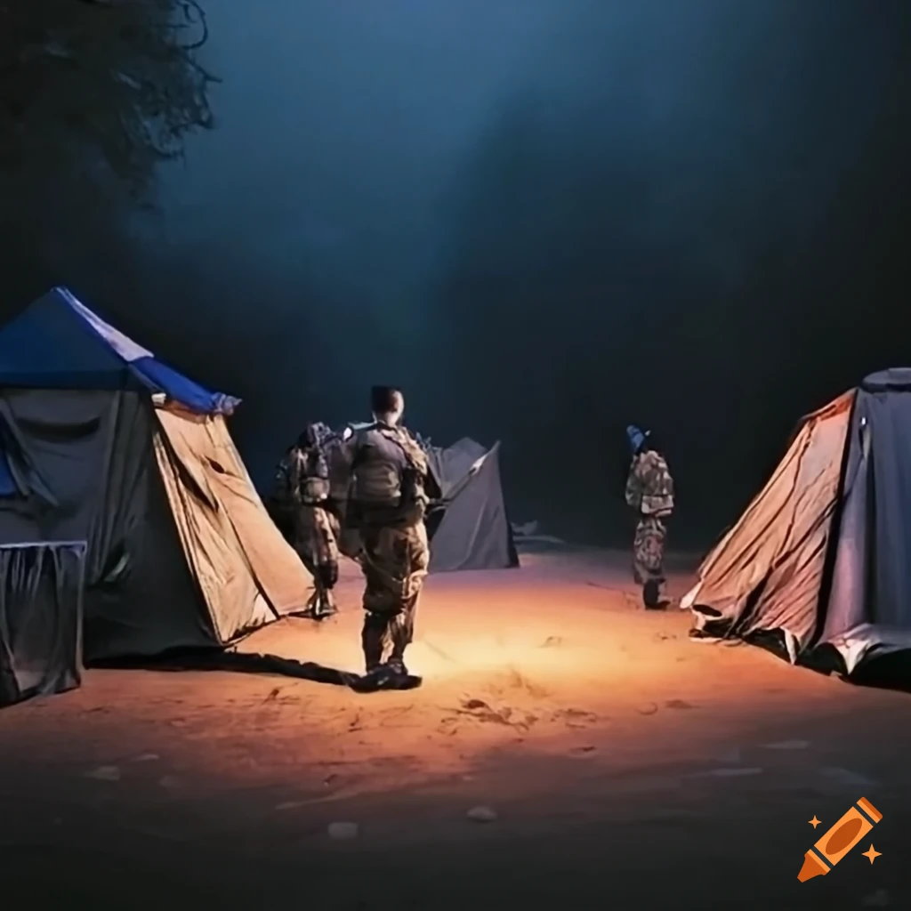 Police camp with tents, patrol cars, and officers in formation on Craiyon