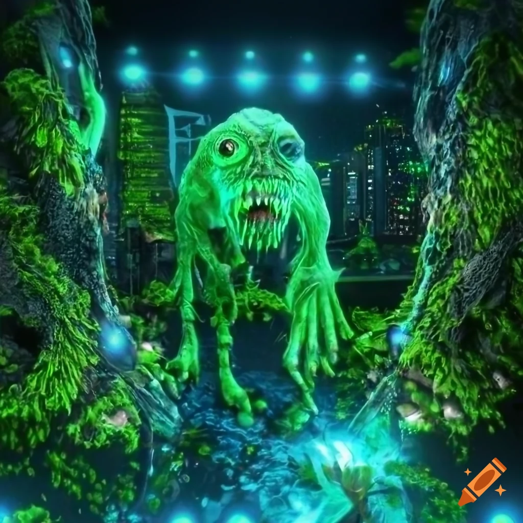 Glowing biopunk cityscape with green moss, plants, mushrooms, and ...