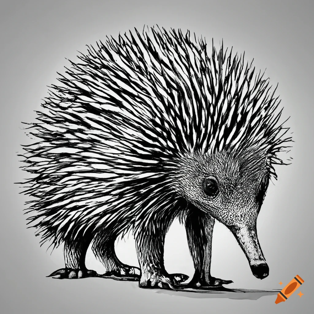 Stunning black and white ink drawing of an upright echidna on Craiyon