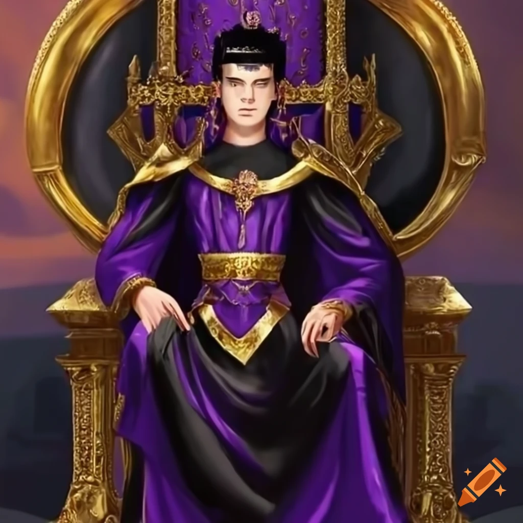 Young handsome Emperor with purple eyes and long black hair sitting on ...