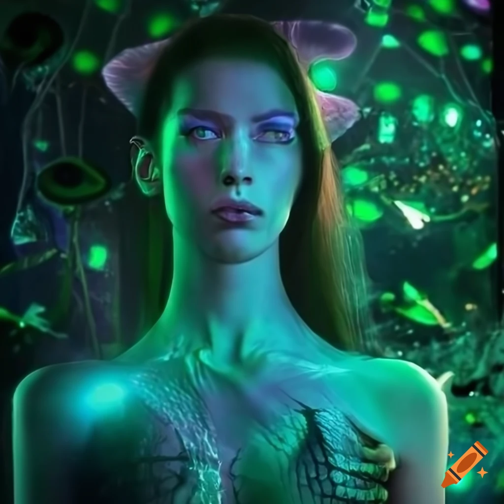 Glowing biopunk cityscape with green moss, plants, mushrooms, crystals ...