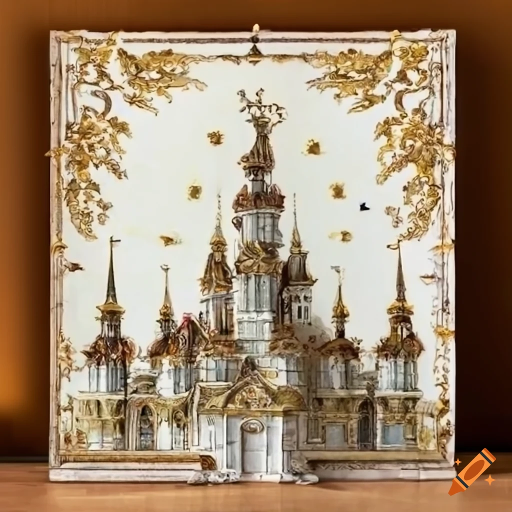 Daniel Merriam style marble castle on a mountainside in an autumn birch ...