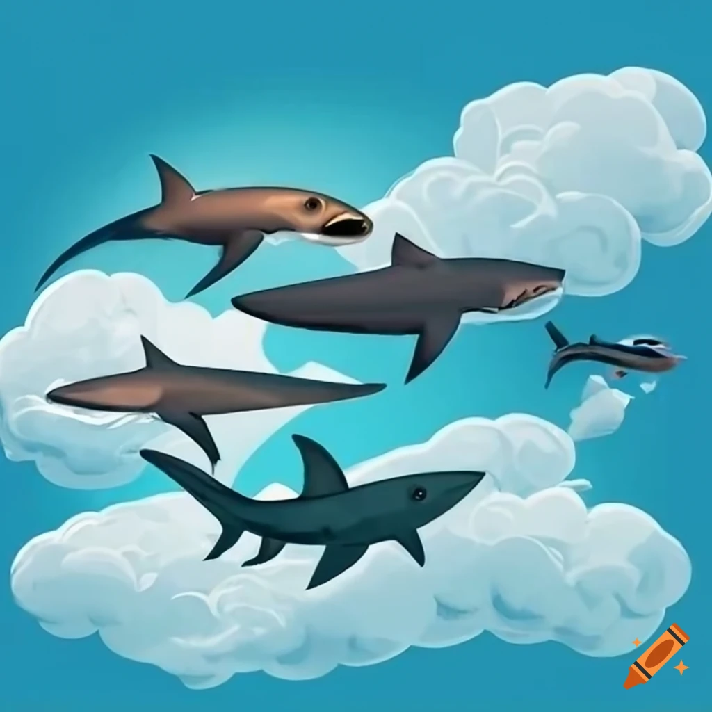 Sharks with wings flying among the clouds on Craiyon