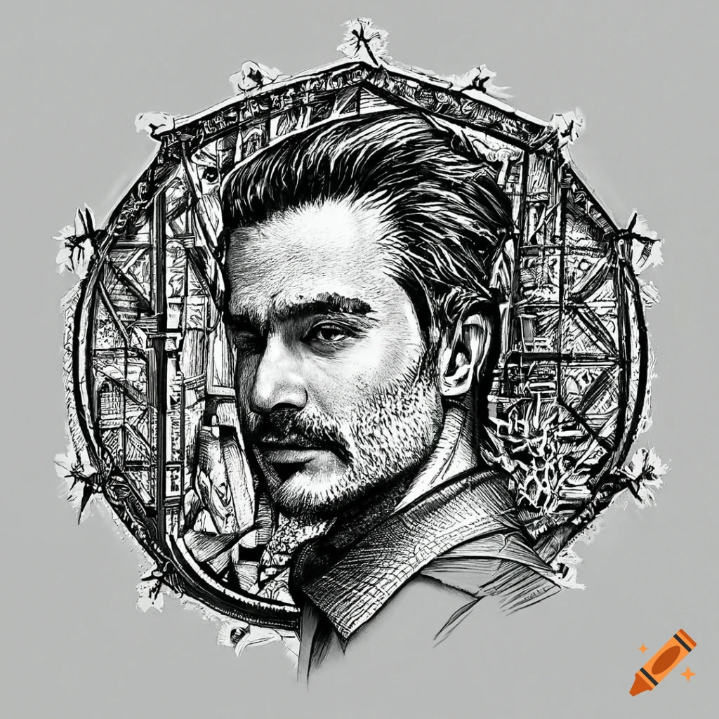 Intricate pen drawing of a man in a detailed noir alley on Craiyon