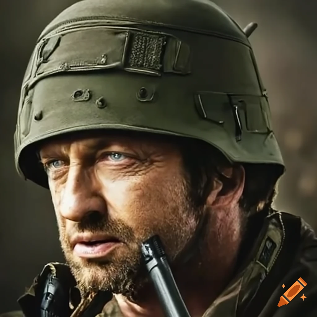 Gerard Butler greets soldiers on National Defender's Day on Craiyon