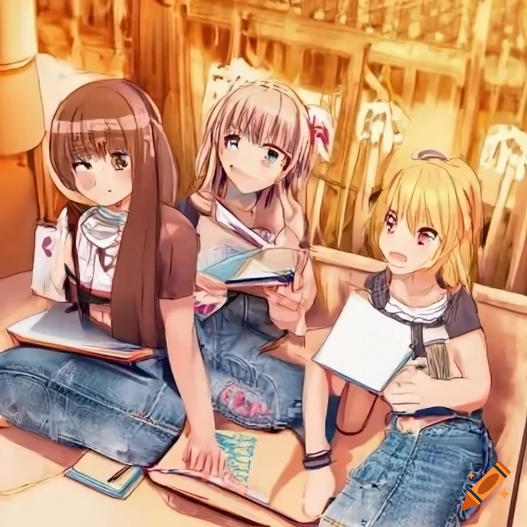 Cheerful anime girls studying together surrounded by books at a ...