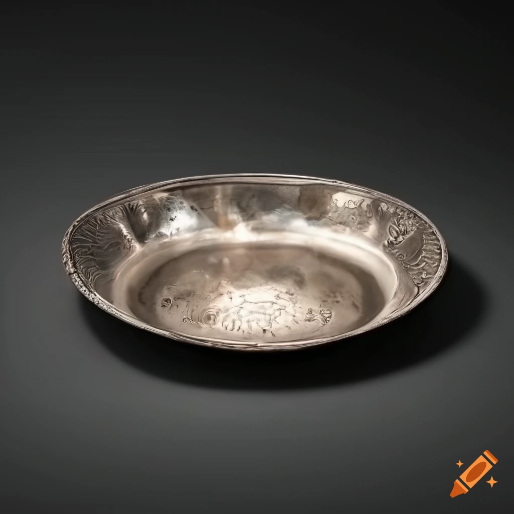 Historical silver artifact, intricately etched wide bowl with polished ...