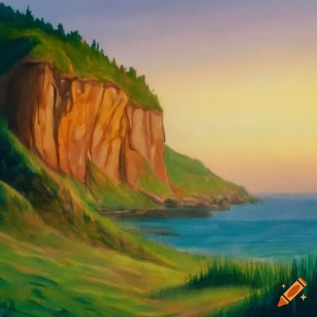 Grassy cliffside in the late afternoon sunlight, colored pencil drawing ...