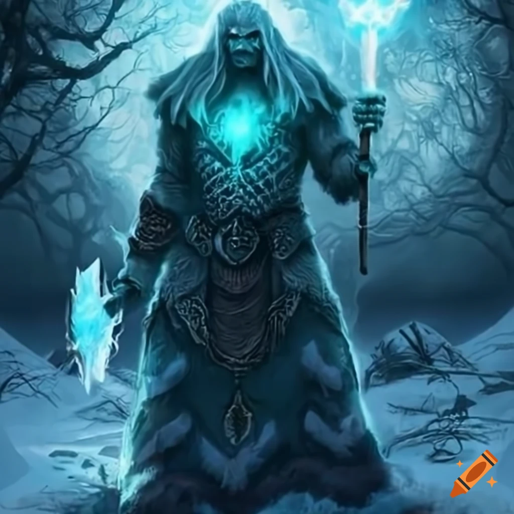 Frost giant from norse mythology with icy weapon and glowing heart on ...