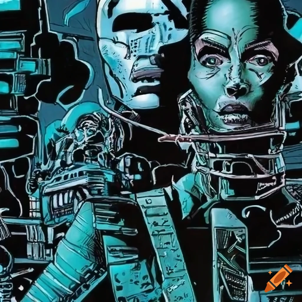 Noir graphic novel of 70s sci-fi bionic machine on Craiyon