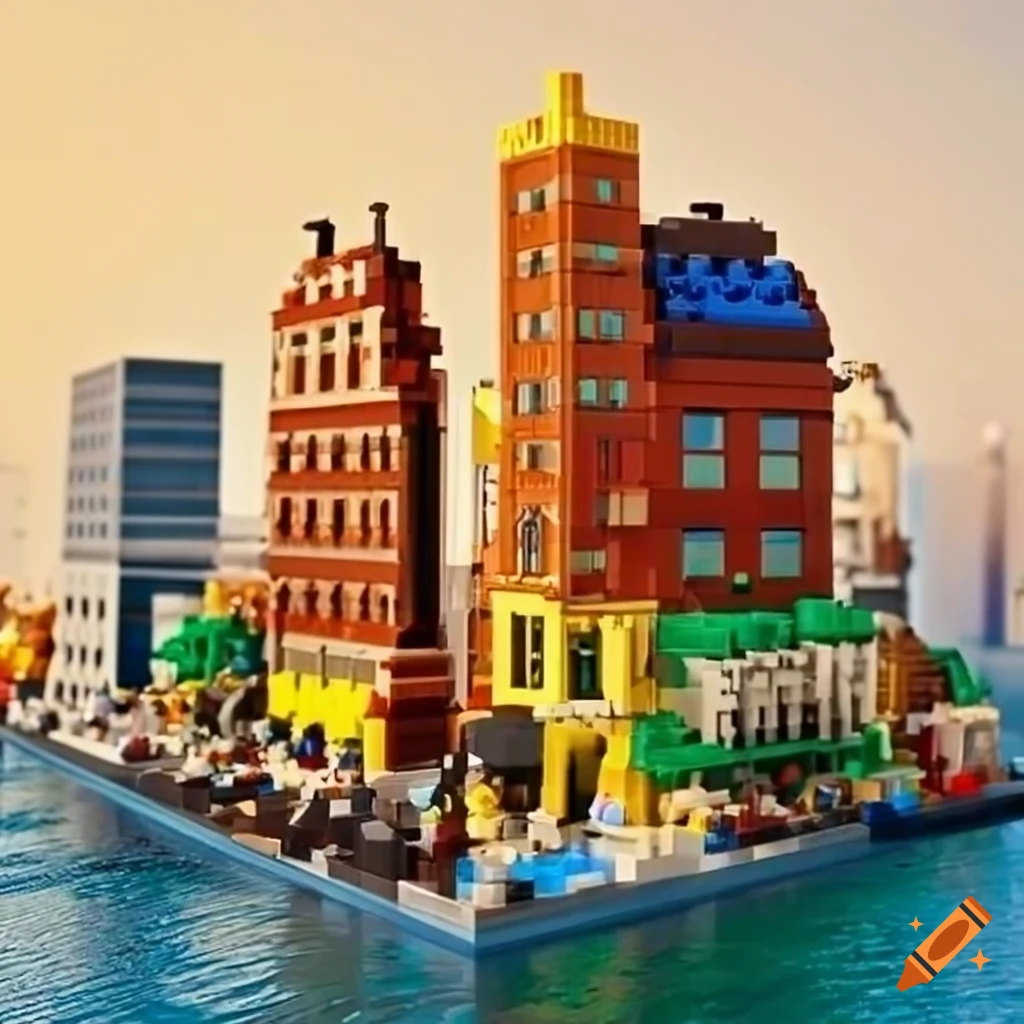 Lego replica of a bustling urban city with fine architecture and street ...