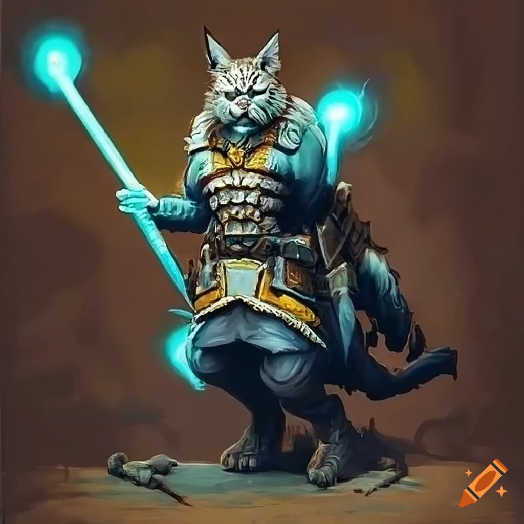Detailed grey bobcat tabaxi wizard with glowing staff in simon bisley ...