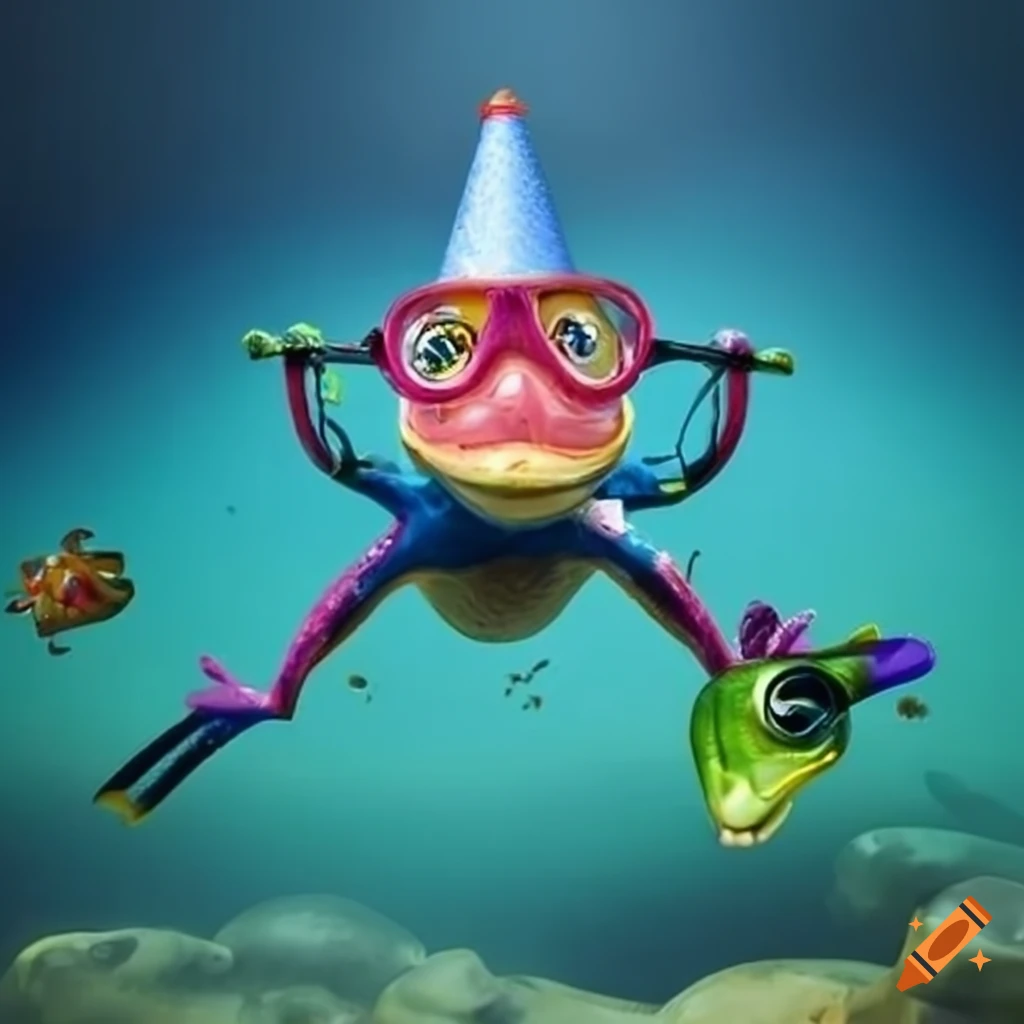 Frog with scuba diving gear and birthday hat on Craiyon