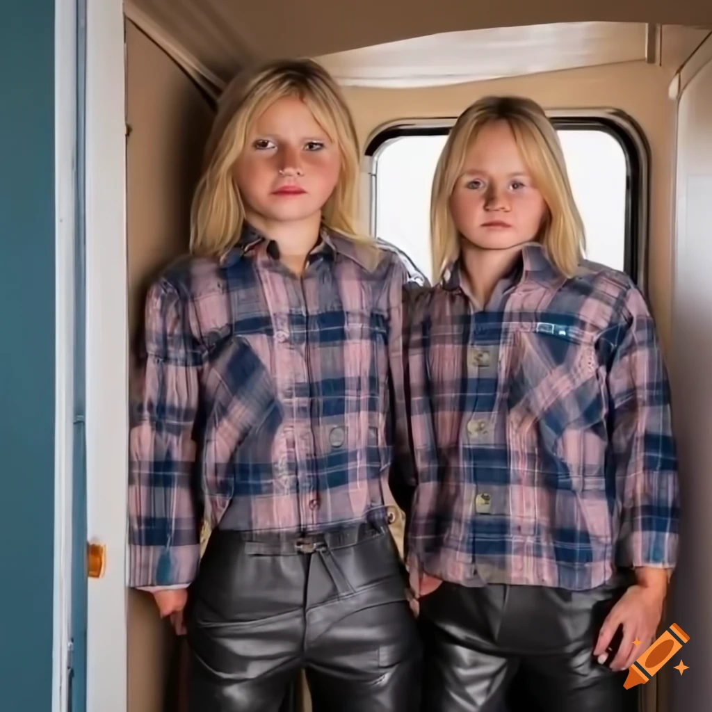 Blonde Twins In Country Plaid Shirts And Black Leather Trousers