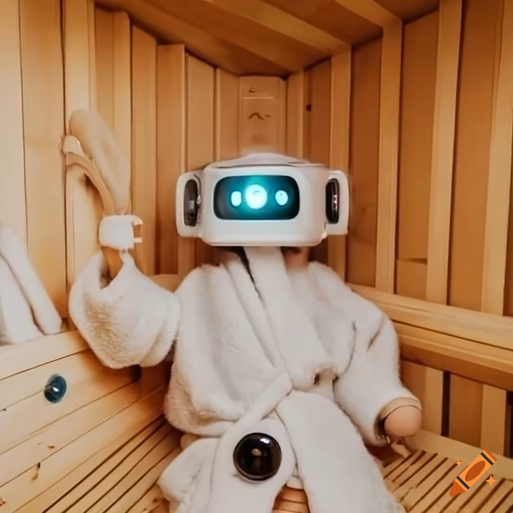 Robot in bathrobe in a steamy sauna on Craiyon