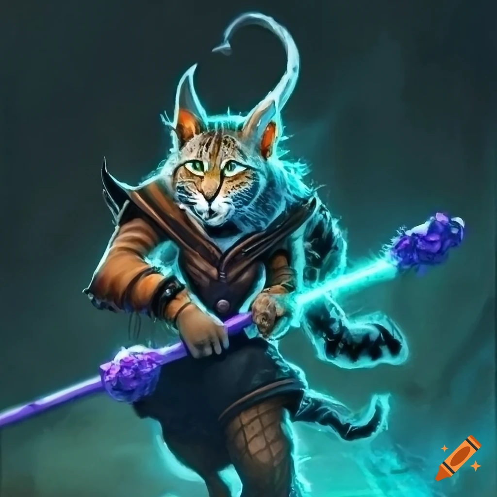 Grey bobcat tabaxi wizard holding a glowing staff in full figure on Craiyon