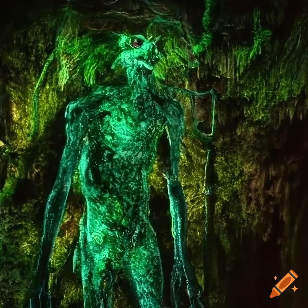 Glowing biopunk cityscape with green moss, plants, mushrooms, and ...