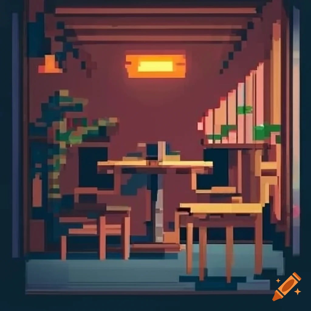 Cafe with outdoor tables and coffee cups in 8-bit pixel art style on ...