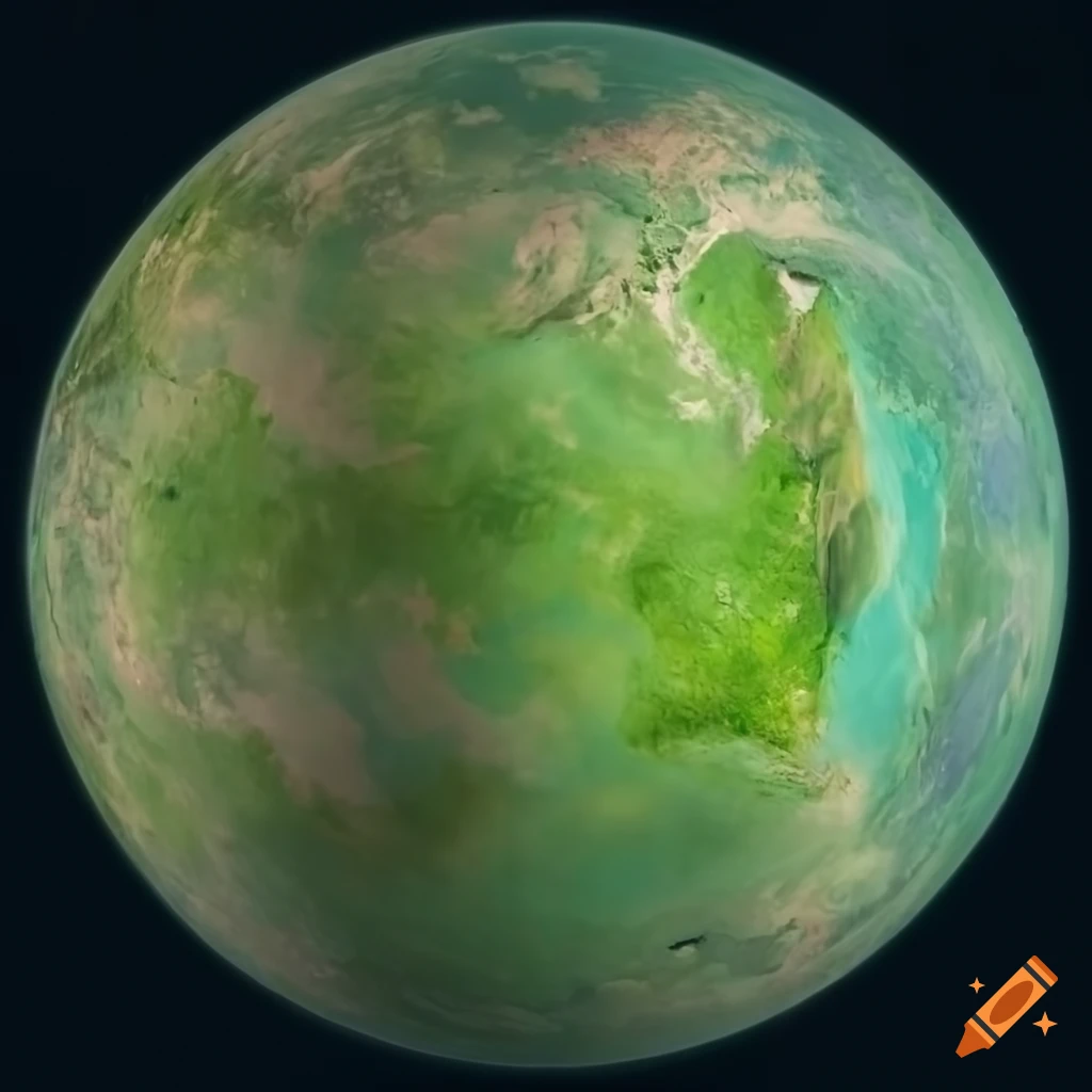 Breathtaking view of a lush, sage green planet on Craiyon