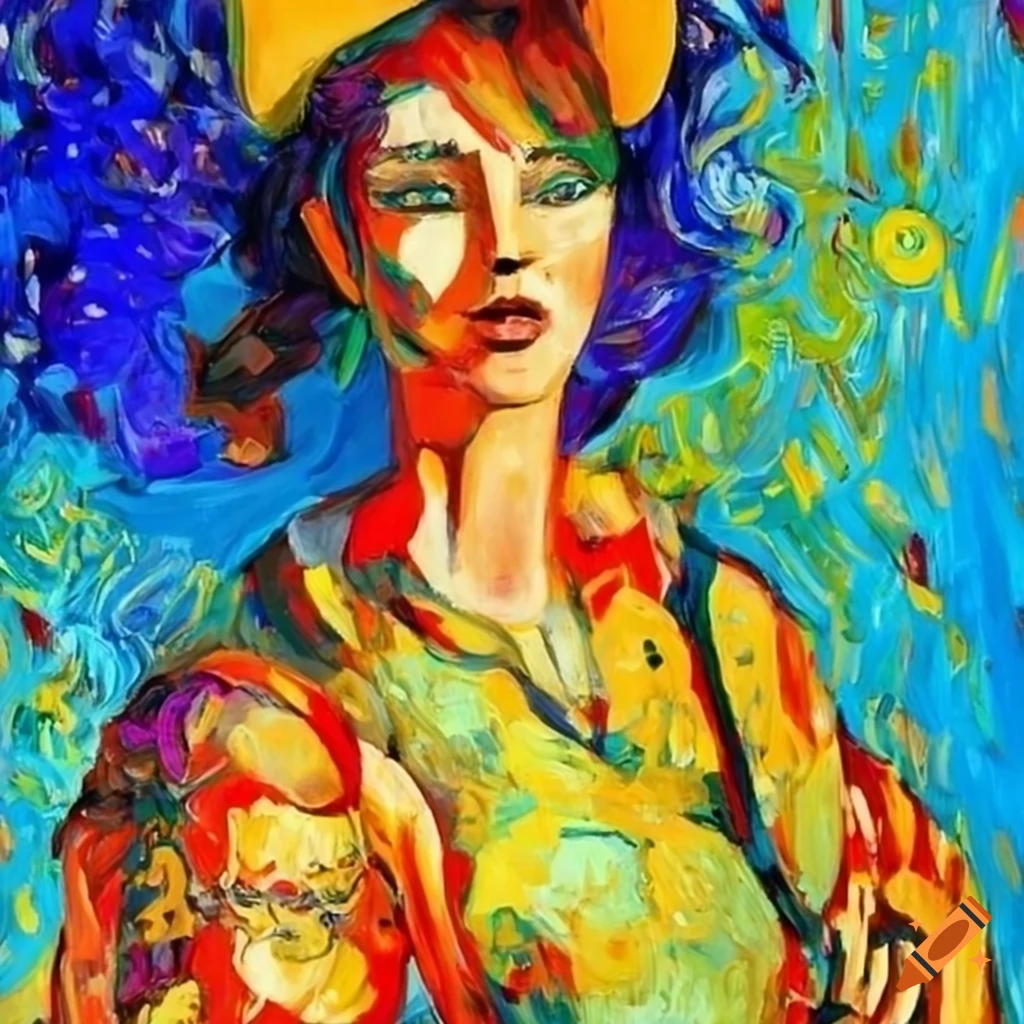 Vibrant modern lady on colorful background in van Gogh style painting ...