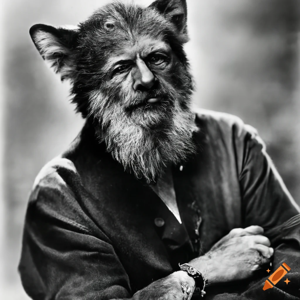 Vintage photo of a wolf man from the 1930s with signs of age on Craiyon