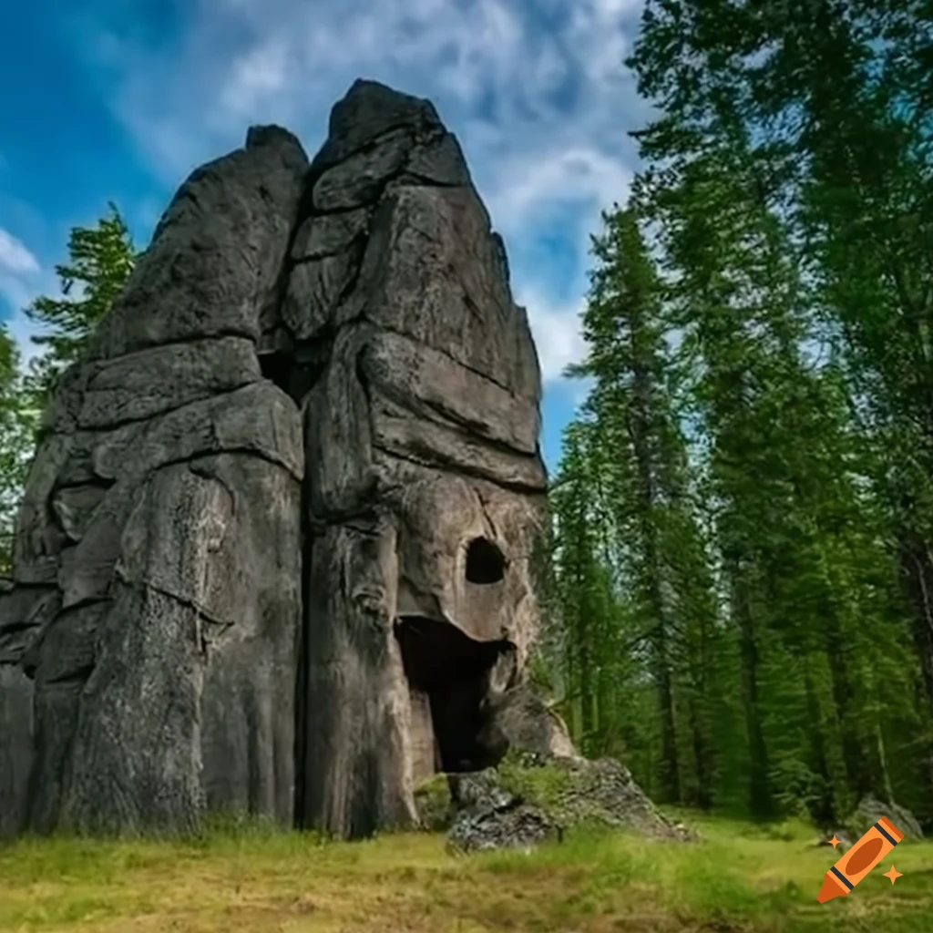 Giant ancient stone temple in siberian taiga on Craiyon