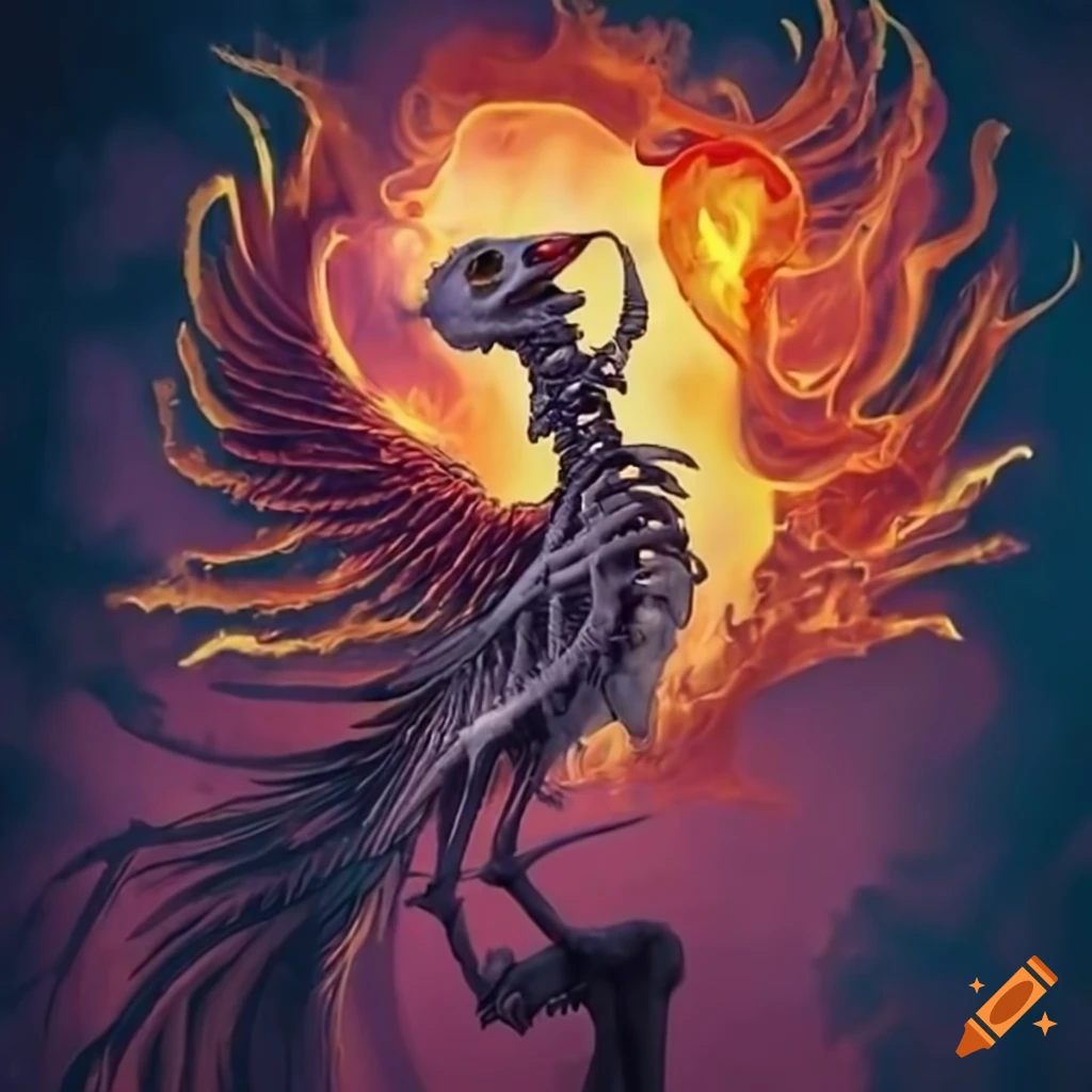 Skeleton of a phoenix engulfed in flames on Craiyon