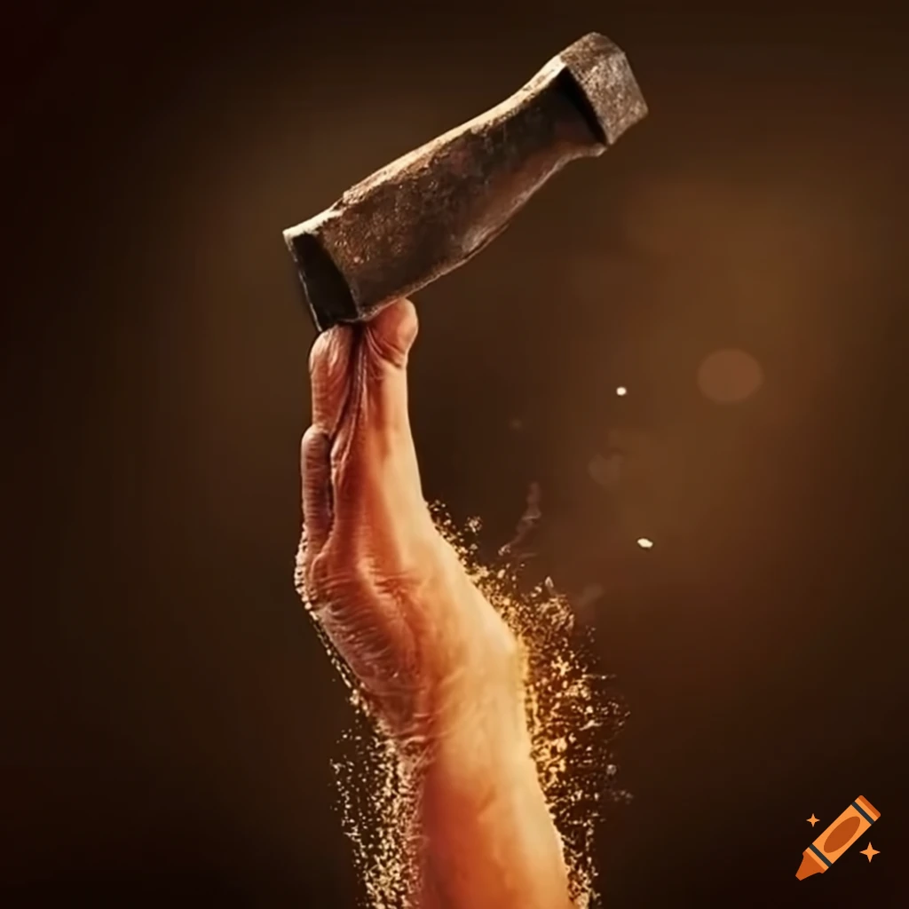 Hand smashing a hammer into dust on Craiyon