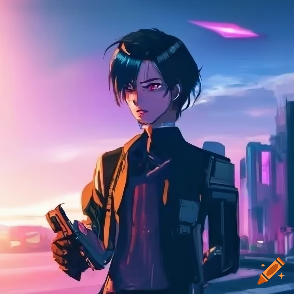 Anime-style portrait of a serious Cyberpunk protagonist with high tech ...