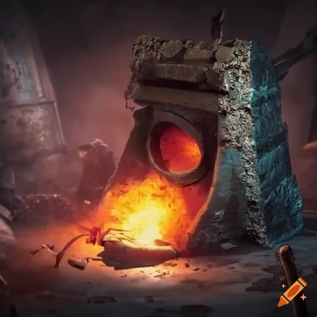 Stone furnace smelting metal in a video game setting on Craiyon