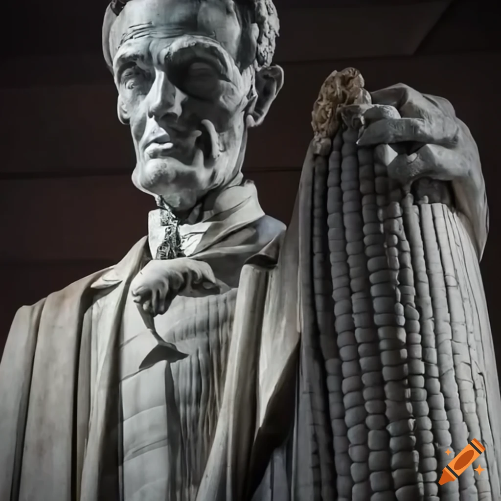 Marble statue of corn on the cob resembling Lincoln statue on Craiyon