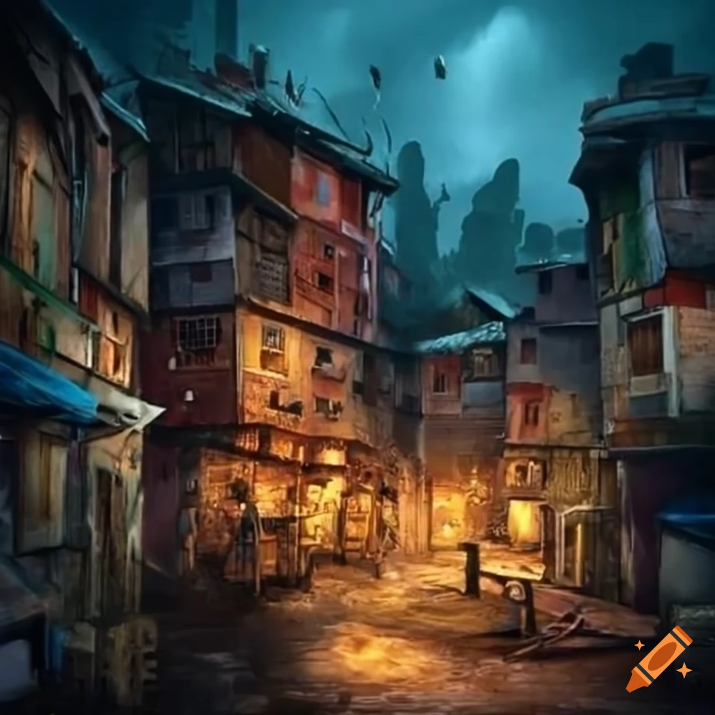 Fantasy world slums resembling favelas with a central tavern on Craiyon