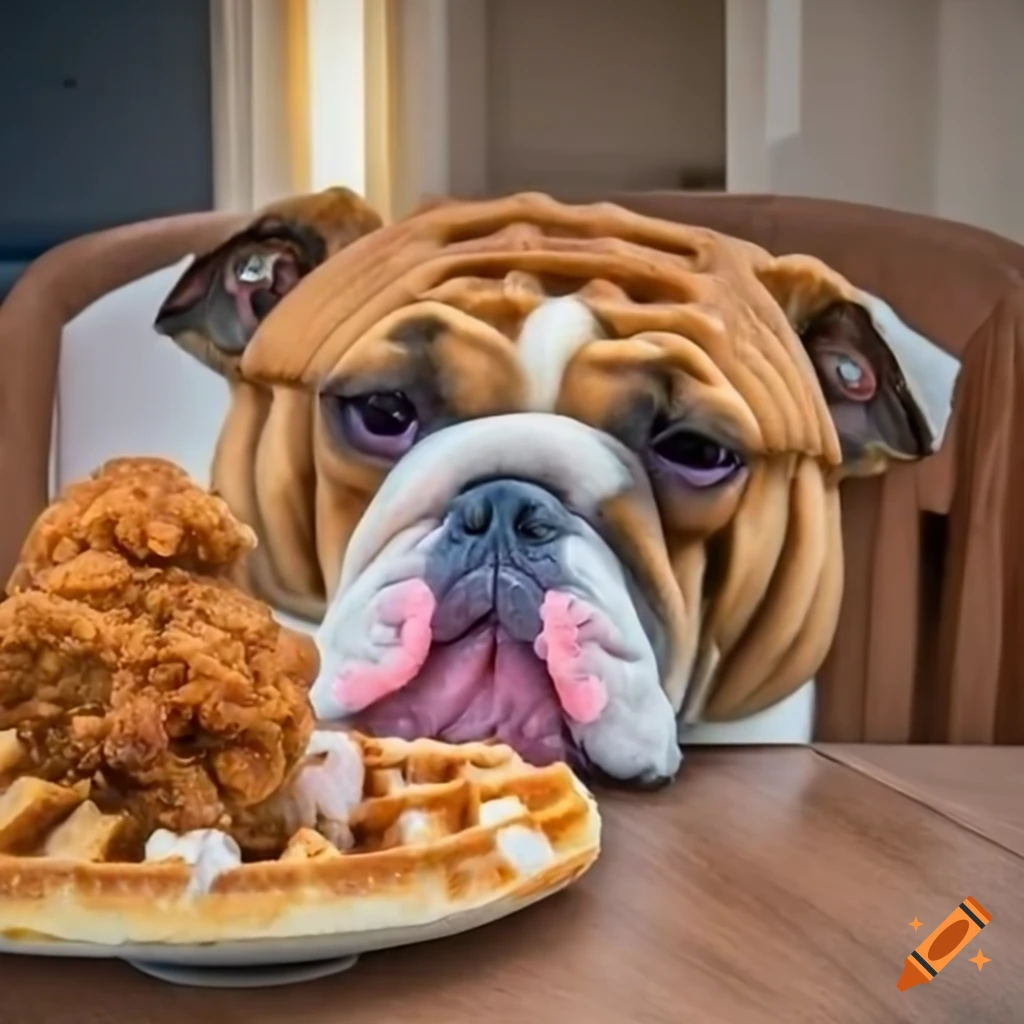 English Bulldog enjoying waffles and fried chicken on Craiyon