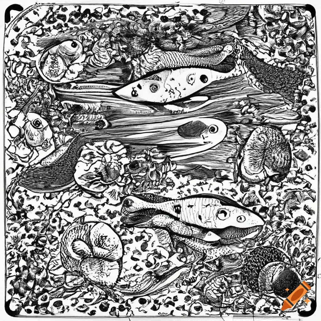 Insects and fish swimming together in a black and white stream drawing ...
