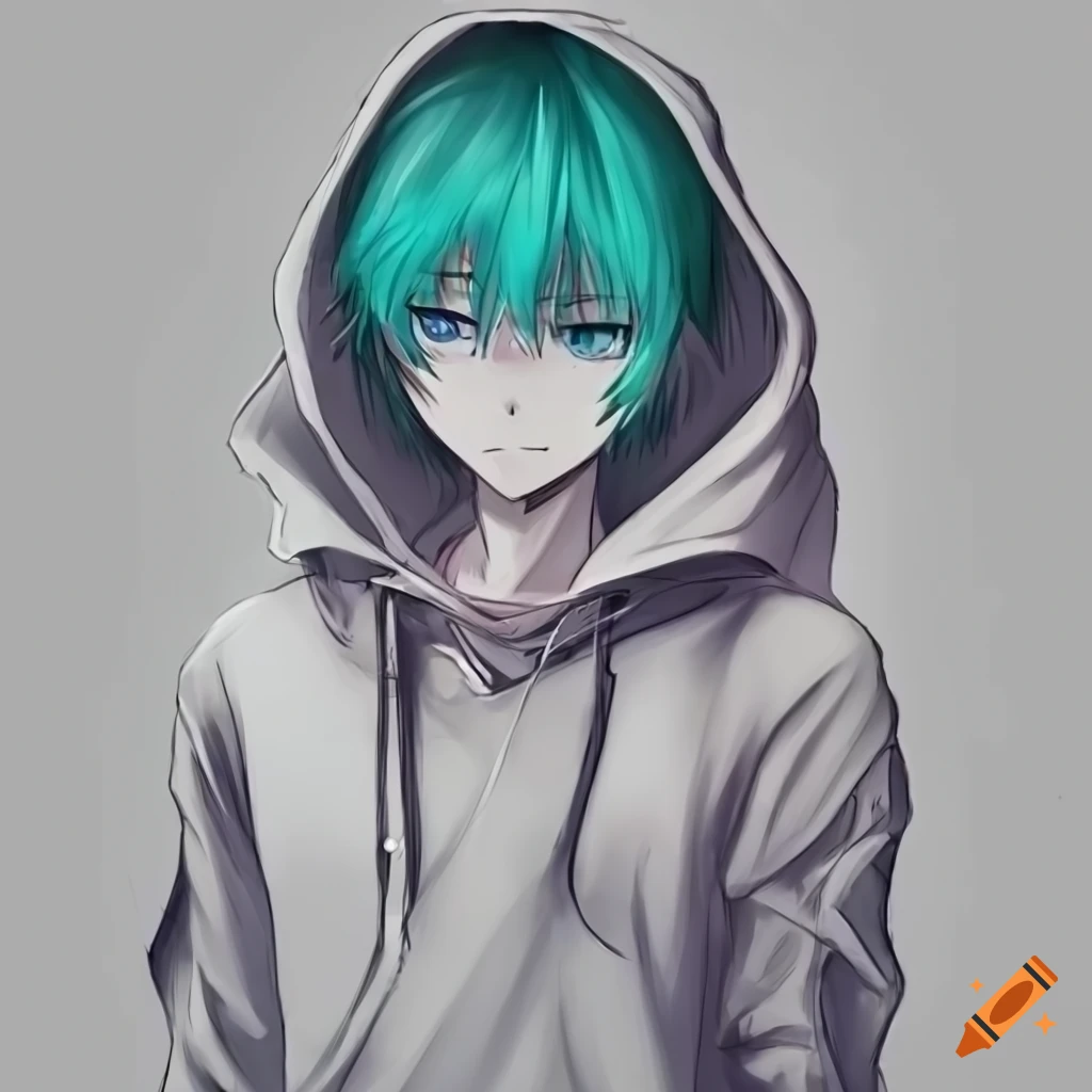 Anime boy with teal hair in a white hoodie with a black hood, pencil ...