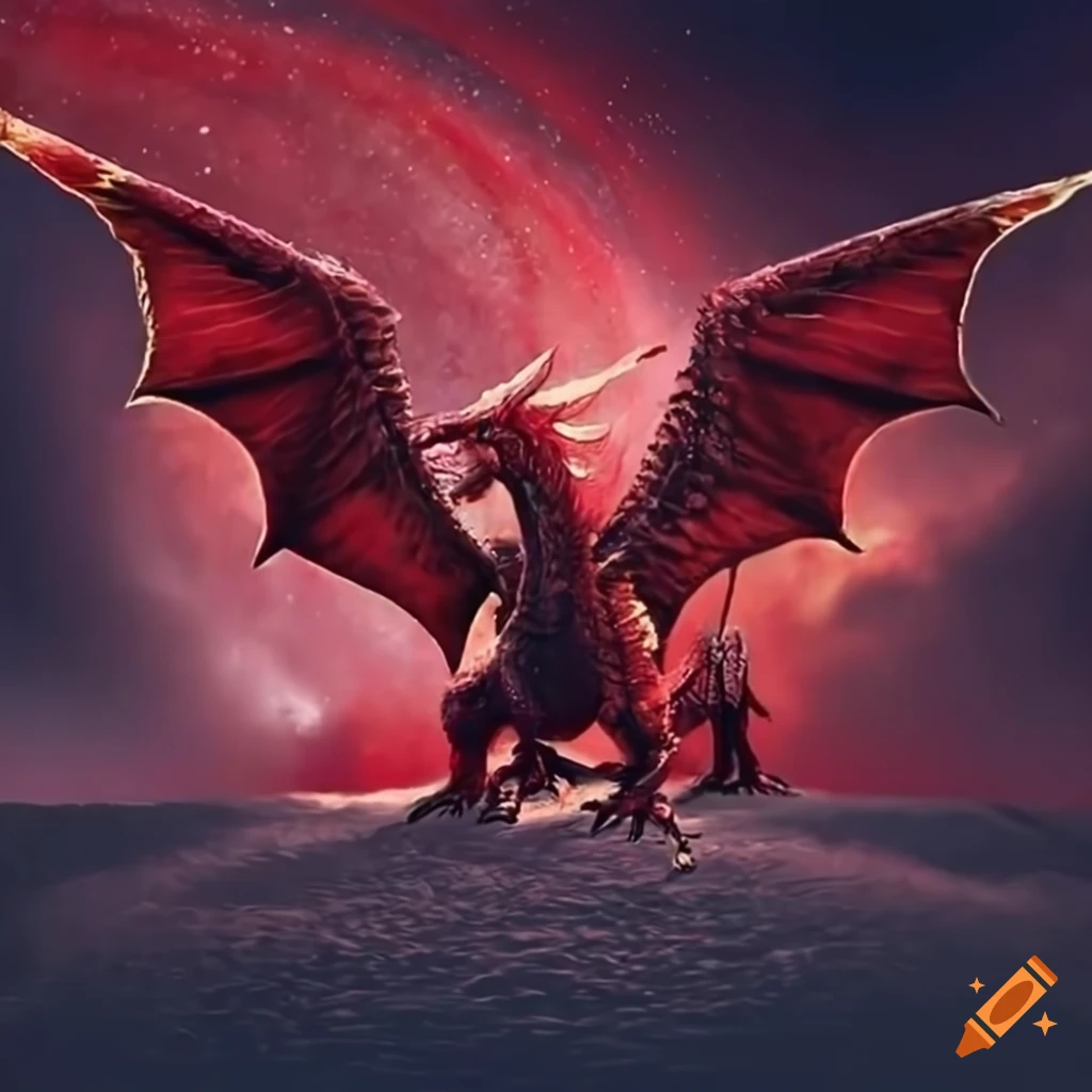Realistic red dragon against a starry sky in a surrealist scene on Craiyon