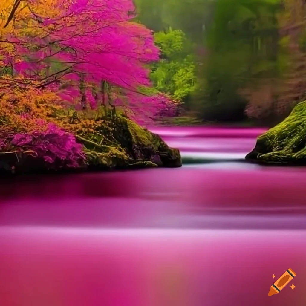 Pink spring river flowing near stones and flowers on Craiyon
