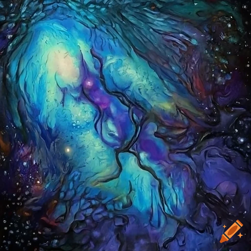 Cosmic entity surrounded by galaxies and starry night sky in pencil art style on Craiyon